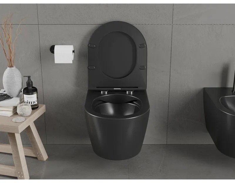 Mexen Carmen závěsné wc Rimless s toaletním Slim sedátkem z duroplastu, černá matná - 30881085