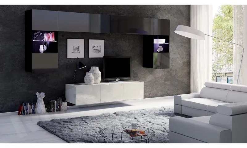 Obývací stěna Bralani II, Barva: černá + černá lesk / bílá + bílá lesk, Osvětlení: osvětlení LED - bílé