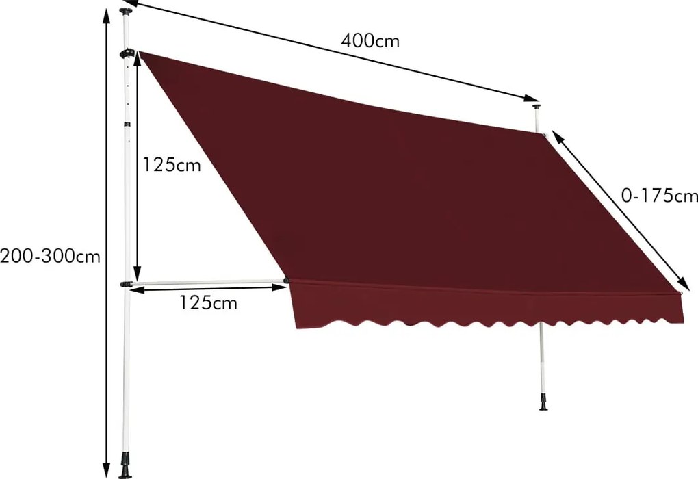 Costway Upínací markýza 400 cm široká Balkonová markýza bez vrtání, odolná proti