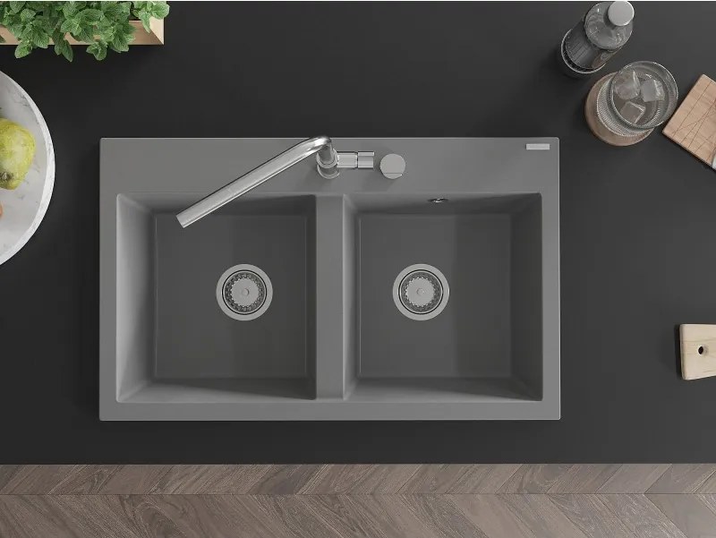 Mexen Hektor žulový dřez dvoukomorový 800 x 480 mm, šedý, sifon chrom - 6521802000-71