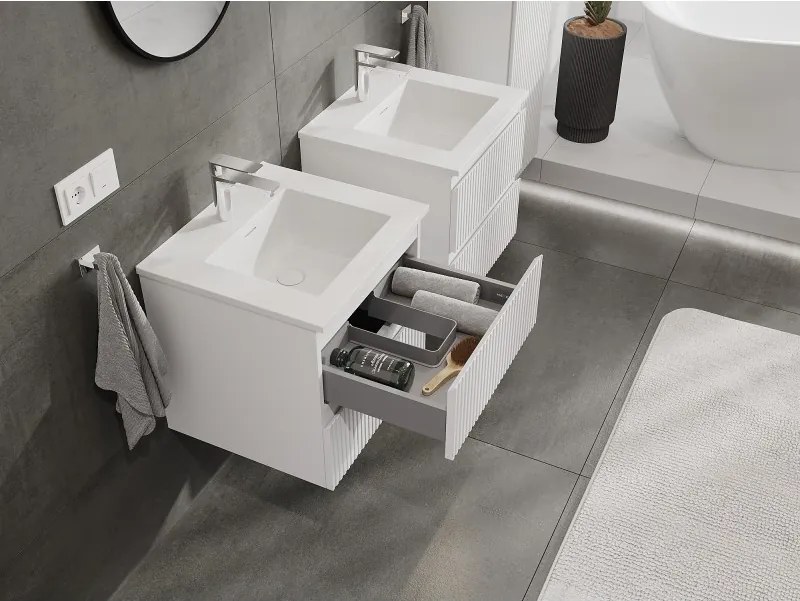 Mexen Rivel, koupelnová skříňka 50 cm s umyvadlem Otis, 2 zásuvky, drážkovaná, bílá matná, 91A20-05047-2-BFF01-W18M01