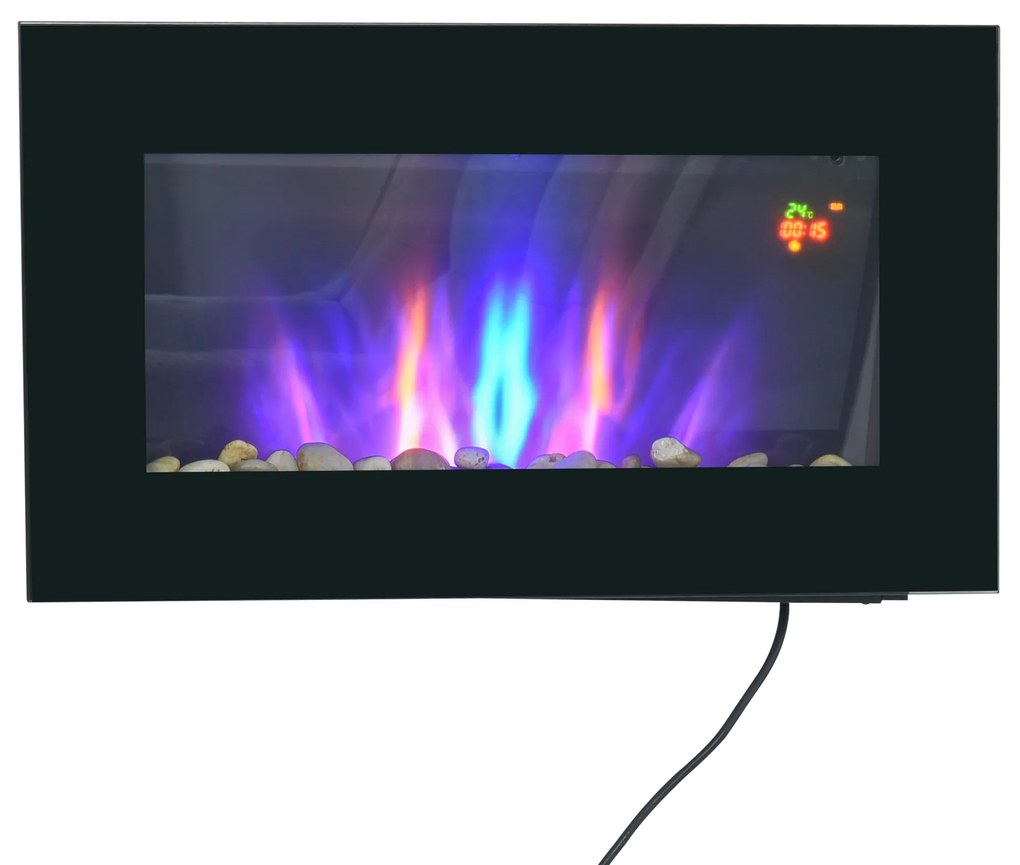 HOMCOM Elektrický krb s LED efektem plamene,1000/2000W, nástěnný krb v 7 barvách, elektrický krb s dálkovým ovládáním, nástěnný, černý | Aosom