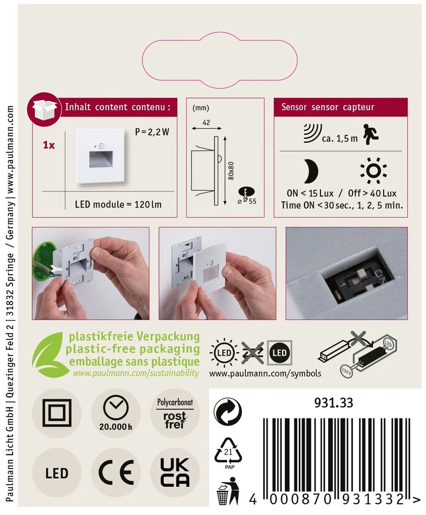 Paulmann 93133 Edge Quadro, svítidlo do stěny se senzorem, 1x1,2W LED 2700K, matná bílá, 8x8cm