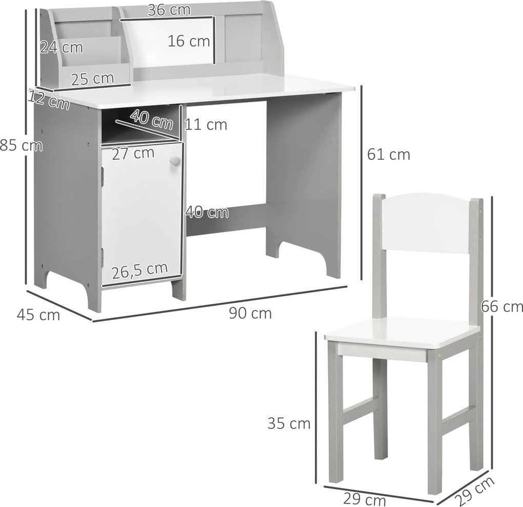 HOMCOM Dětská sada stolu a židle s tabulí, dřevěný studijní stůl pro děti od 5 let, dětský psací stůl 90x45x85 cm Šedý