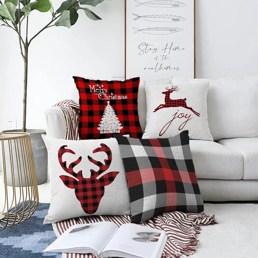 Sada 4 vánočních žinylkových povlaků na polštář Minimalist Cushion Covers Christmas Tartan, 55 x 55 cm