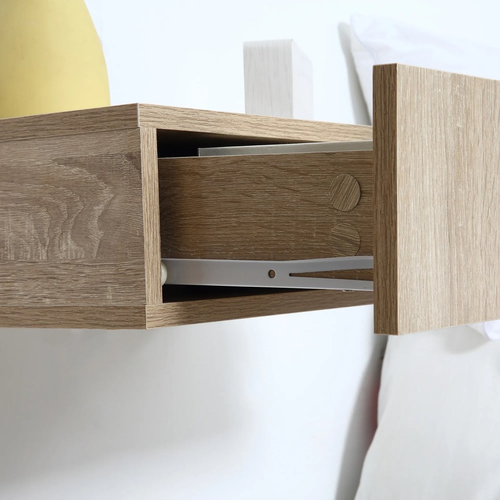 HOMCOM Sada 2 Floating Nočních Stolků s 1 Šuplíkem, Nástěnný Design Moderní Styl pro Ložnici 40x30x15 cm Přírodní