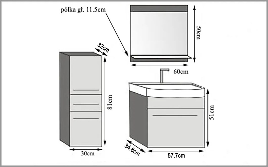 Koupelnový nábytek Belini bílý lesk / šedý mat + umyvadlo + zrcadlo  ROD PM 2/0/W/WSR/0/ZW