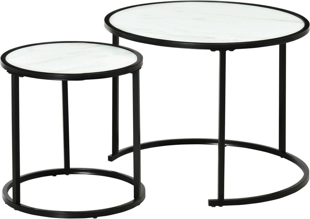 HOMCOM Sada 2 Stohovatelných Kulatých Konferenčních Stolků s Faux Mramorovou Deskou a Ocelovým Rámem Ø60x46 cm a Ø40x40 cm Bílá | Aosom