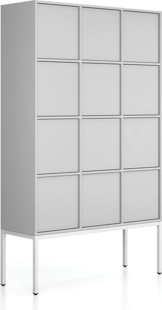 Kancelářská skříň FRAME, bílá podnož, 12x dveře, 1299 x 450 x 2185 mm, PUSH-lock, šedá