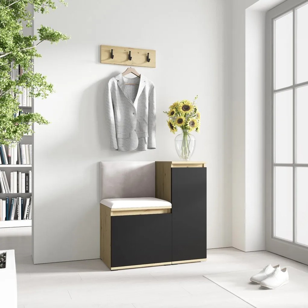 Eka Předsíňová stěna s čalouněnými panely Trinity 30 - Dub Artisan s černou / Krémová bílá 2301