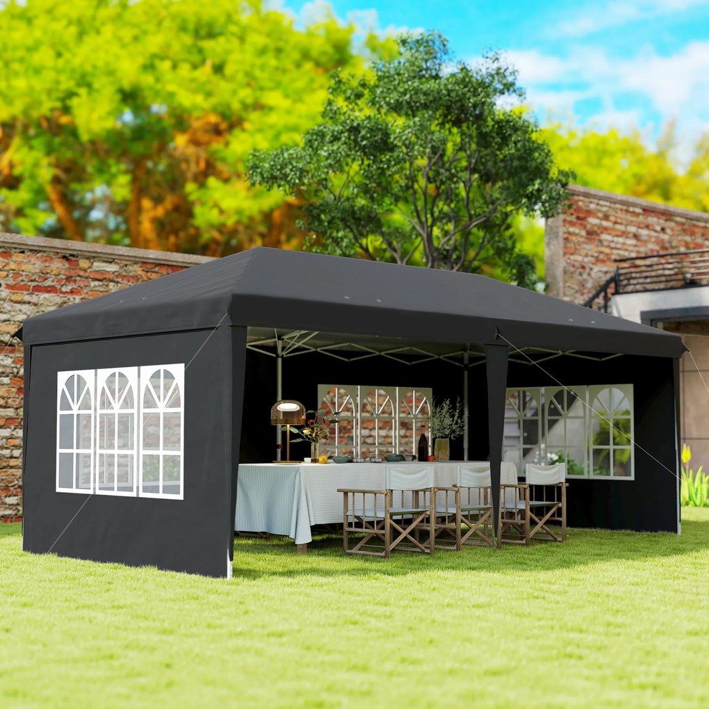 Outsunny Pavilon cca 3x6 m Vodotěsný skládací pavilon se 4 bočními stěnami, oknem Ochrana proti UV záření Přepravní taška černá