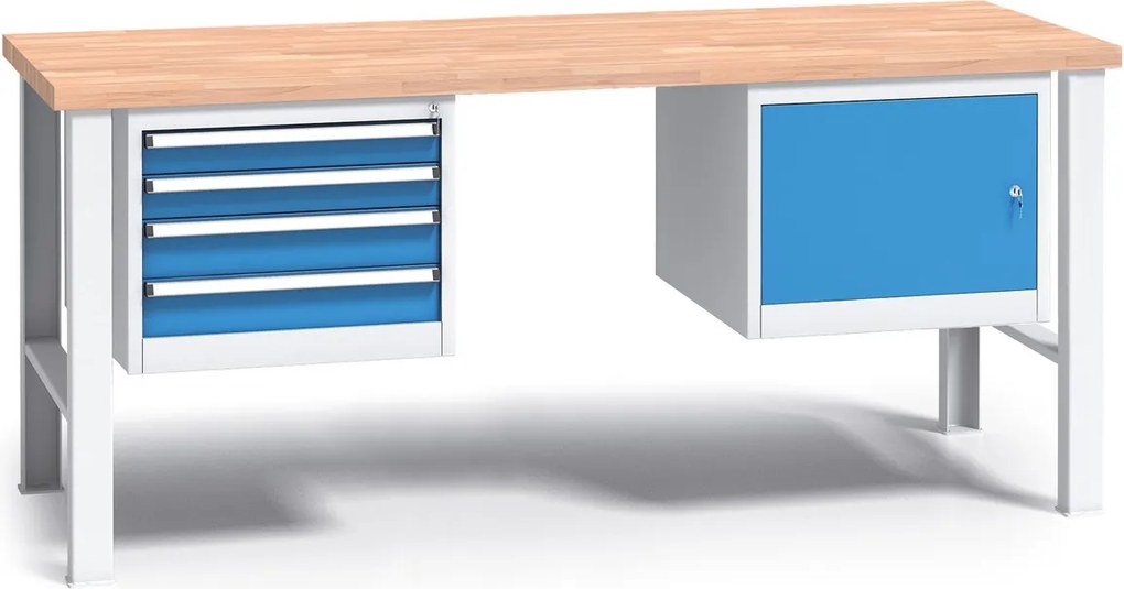 Pracovní stůl do dílny G3 se závěsným boxem a skříňkou na nářadí, buková spárovka, 4 zásuvky, pevné kovové nohy, 2000 mm, modrá
