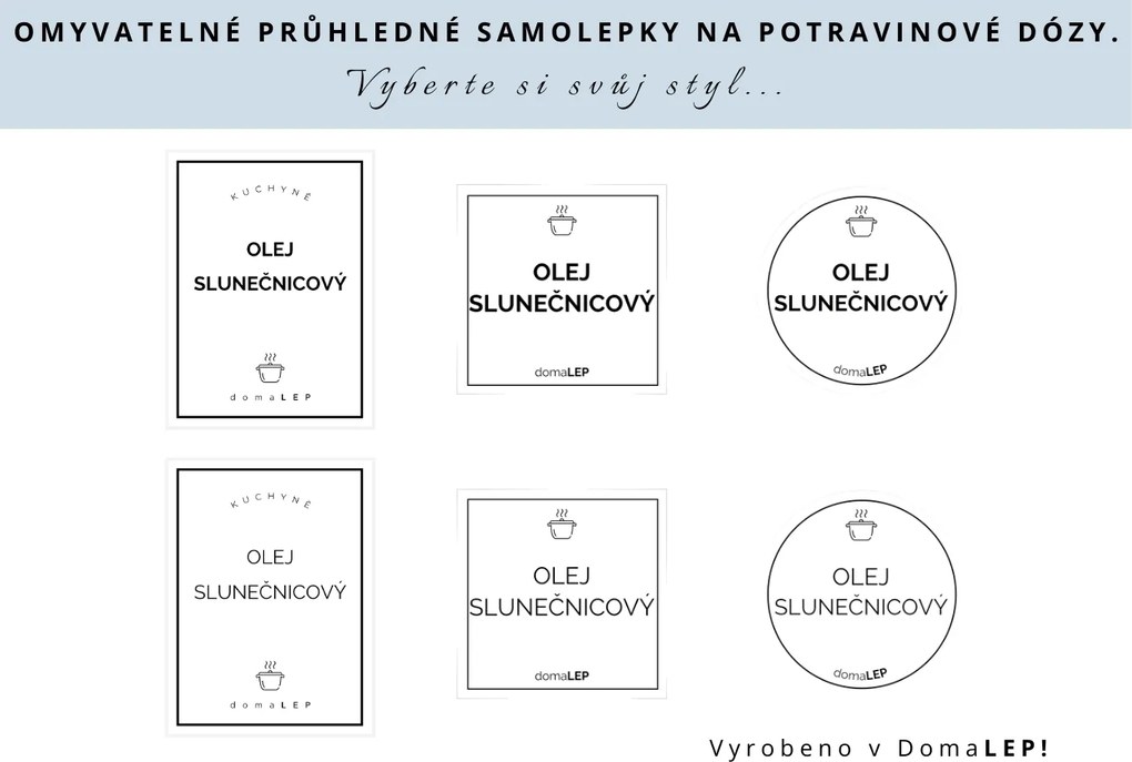 OLEJ SLUNEČNICOVÝ - omyvatelná samolepka na dózu, výběr rozměrů Ø 5 cm / 5 x 5 cm / 6 x 8 cm | DomaLEP tvar: KOLEČKO, barva: PRŮHLEDNÁ - ČERNÉ písmo, velikost: Ø 5 cm - tučné písmo