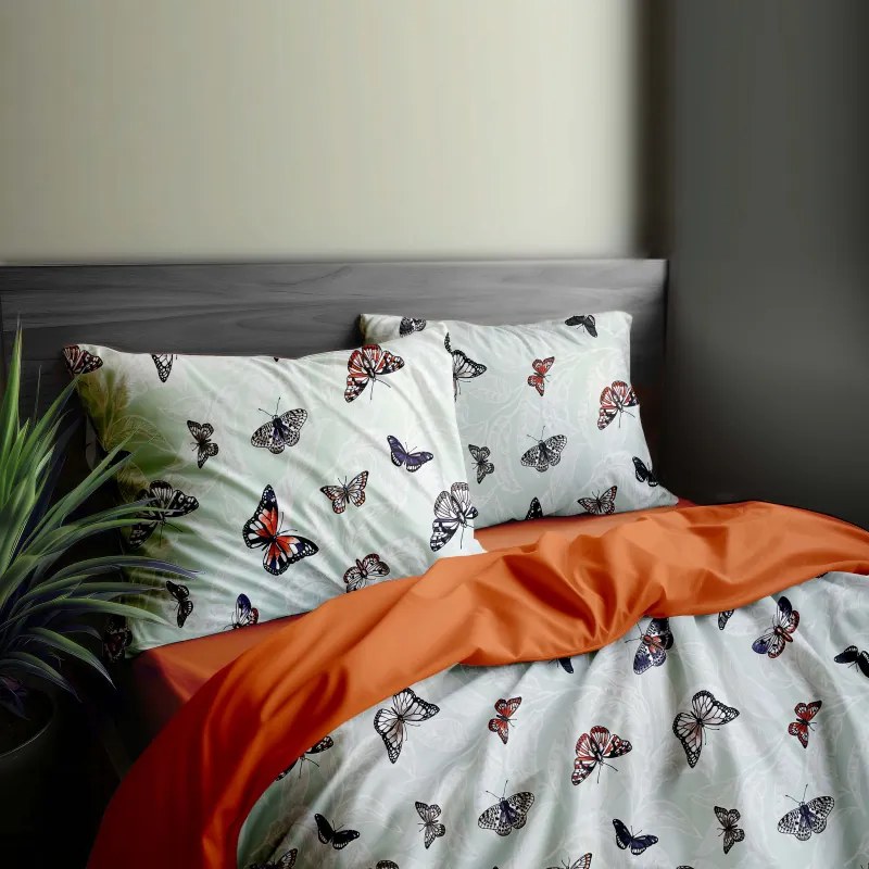 Ervi bavlněné povlečení oboustranné - motýli na tyrkysovém/oranžové