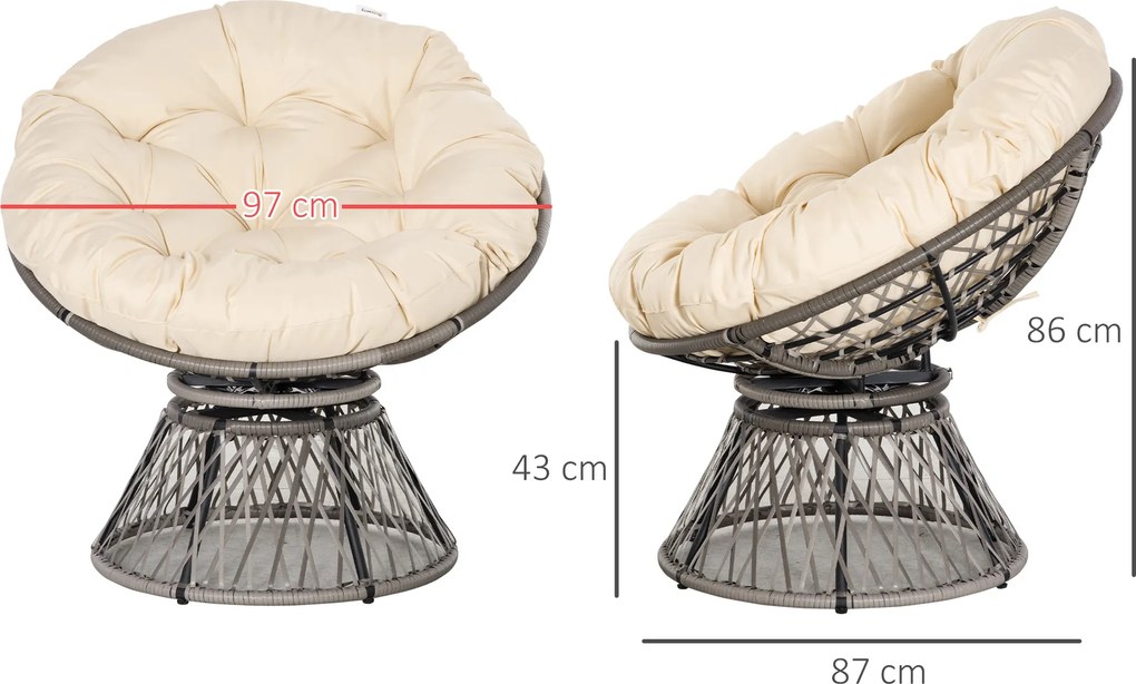 Outsunny papa křeslo Proutěné křeslo 360° polohovatelná skořepina se sedákem z umělého ratanu a kovovým rámem 87 x 97 x 86 cm Cream | Aosom.de