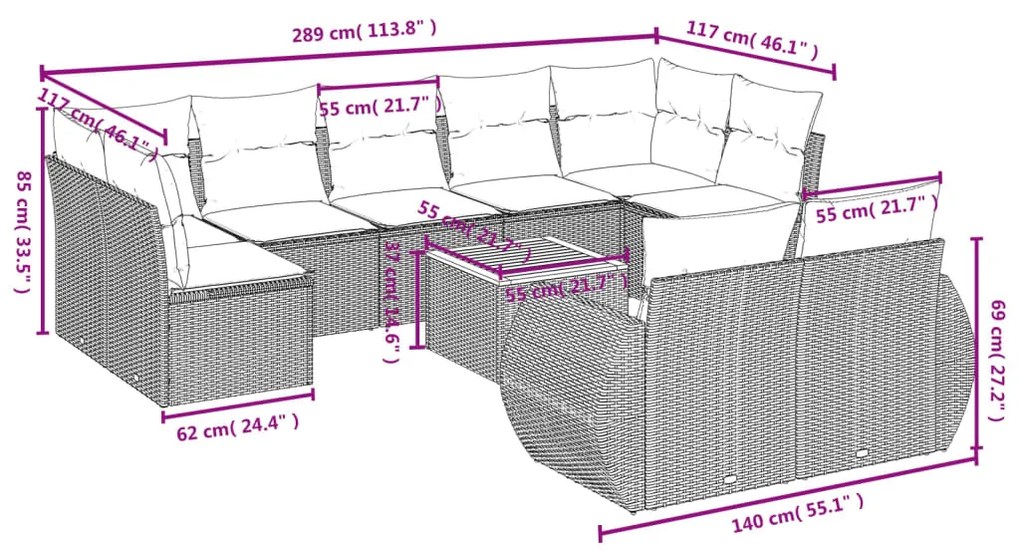 10dílná zahradní sedací souprava s poduškami šedá polyratan