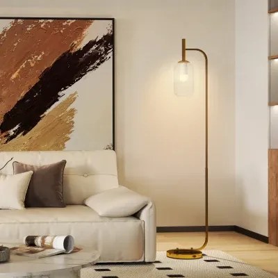 HOMCOM moderní stojací lampa se skleněným stínidlem a nožním vypínačem pro žárovky E27, zlatá