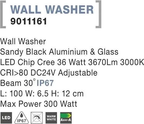 NV 9011161 WALL WASHER černý hliník a sklo LED Chip Cree 36W 3000K DC24V nastavitelné 30st. IP67 Max Power 300W - NOVA LUCE