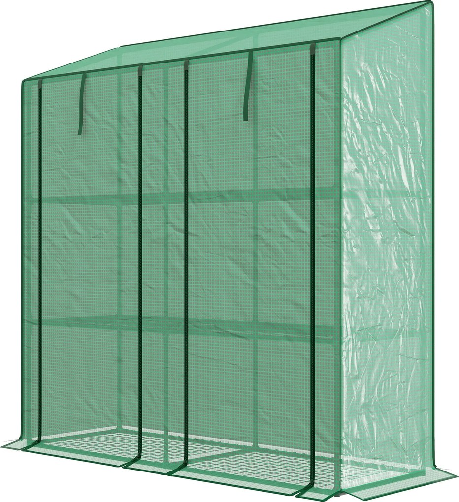 Outsunny 3-patrový zahradní skleník s regály, šikmá střecha a 2 zipové dveře pro pěstování rostlin na terase 143x46x141/151 cm Zelený | Aosom