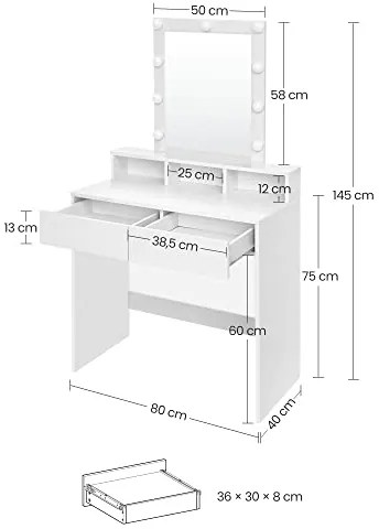 Toaletní kosmetický stolek s LED osvětlením, bílý RDT114WB01