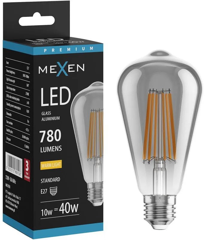 Mexen Vintis LED žárovka vlákno E27, ST64, 10W, Teplá - 2700K, 780 lm, kouřová - L152-E27-1027-70