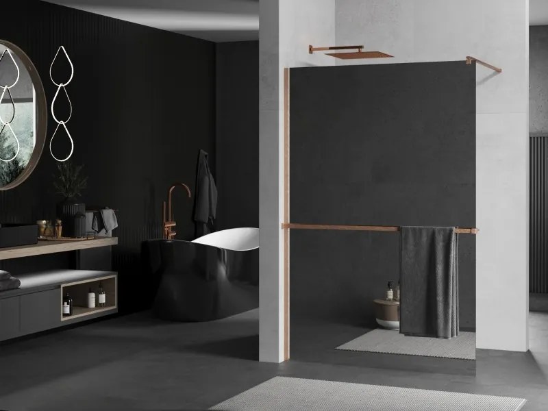 Mexen Kioto+, sprchová zástěna Walk-In s poličkou a věšákem 140 x 200 cm, 8mm sklo vzor zrcadlo, měděný matný profil, 800-140-121-65-50