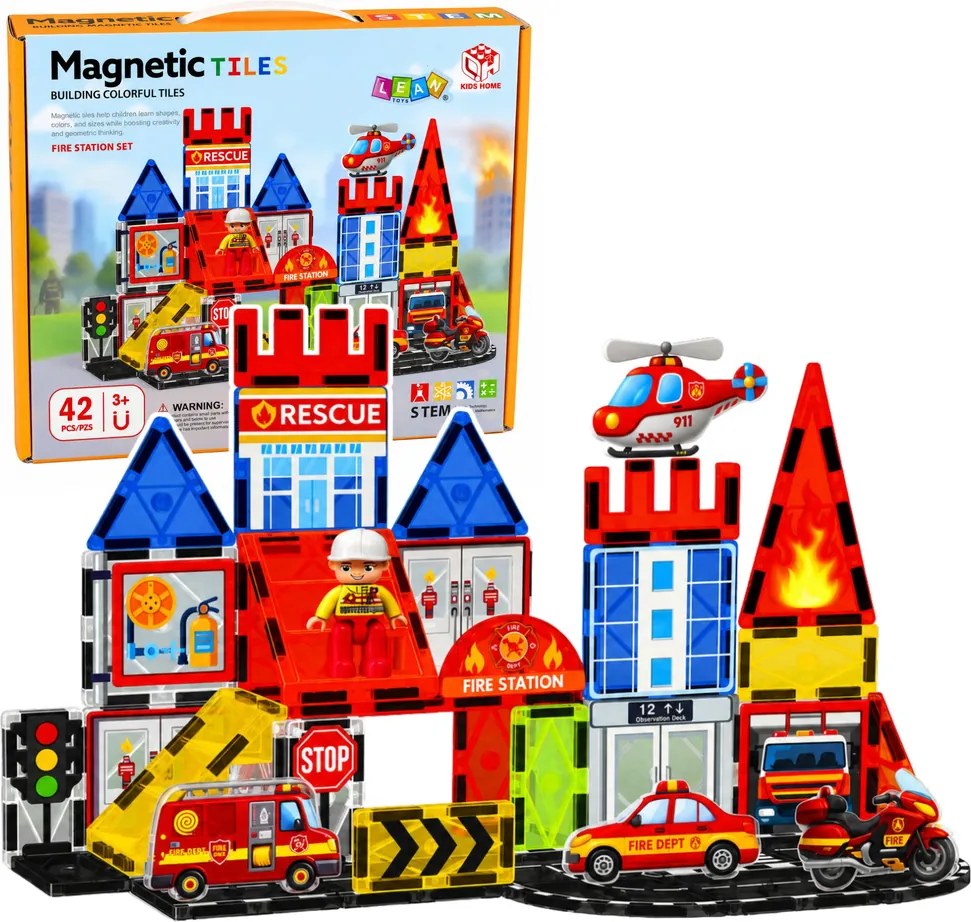 LEAN Toys Magnetické stavební kostky – Požární stanice, 42 dílů
