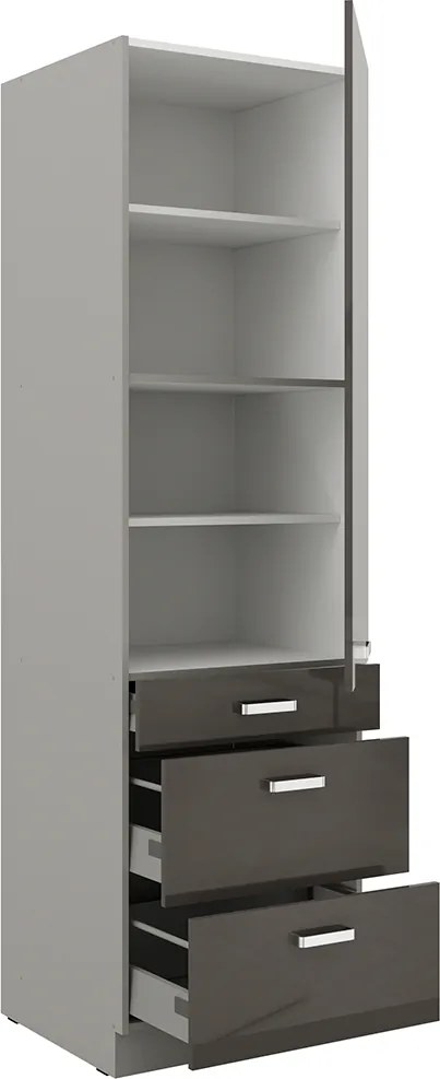 GREY gr | vysoká skříňka 60 DKS-210 3S1F potravinová | UNI DVÍŘKA | 60 cm | PREMIUM BOX | světle šedá/tmavě šedá lesk