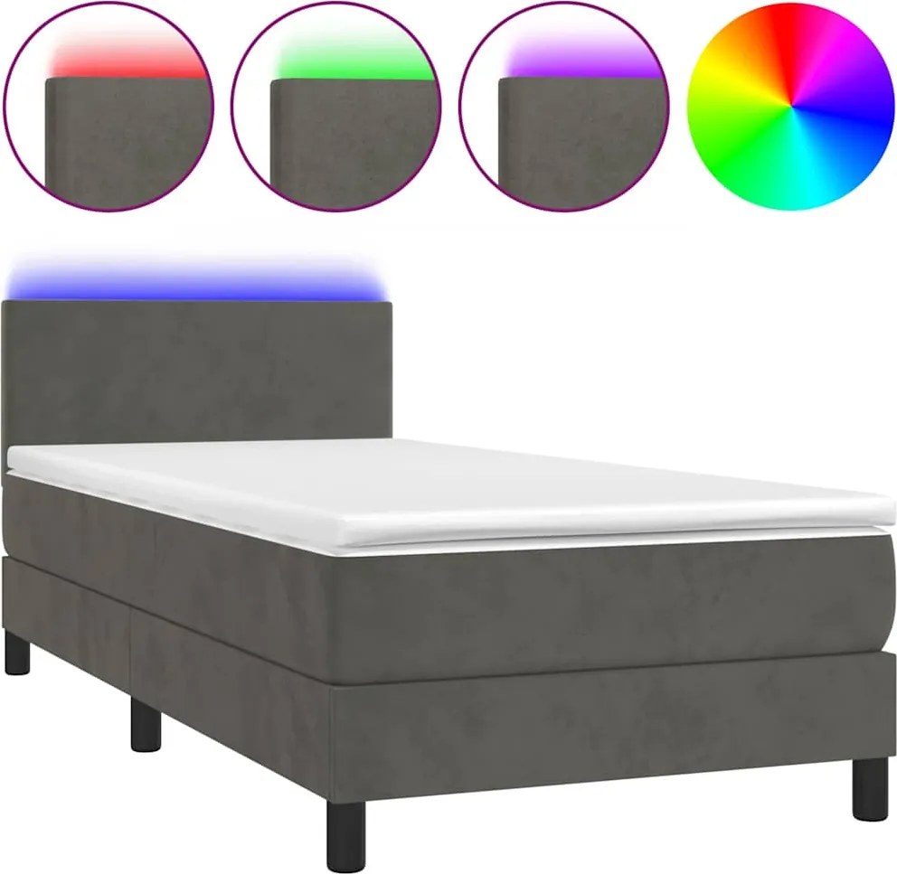 Box spring postel s matrací a LED tmavě šedá 100x200 cm samet 3134268