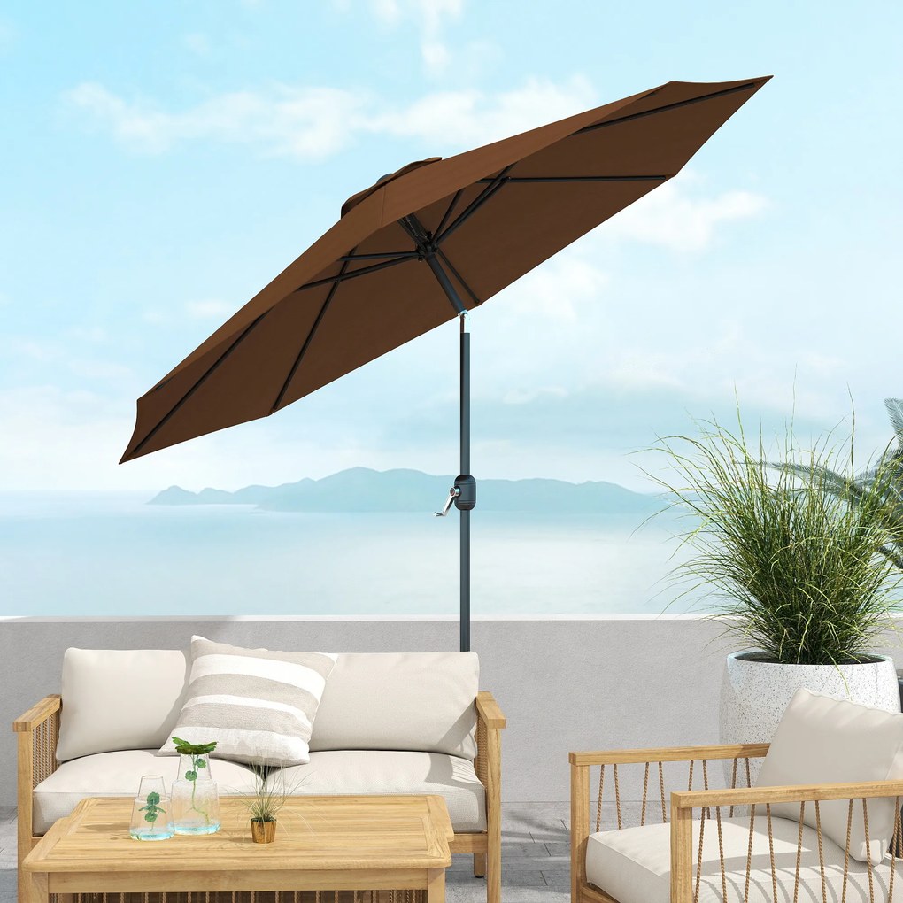 Outsunny slunečník s ruční klikou Ø2,95 x 2,5 m, skládací slunečník, tržní slunečník, hnědý, 180/m² polyester, stabilní| Aosom