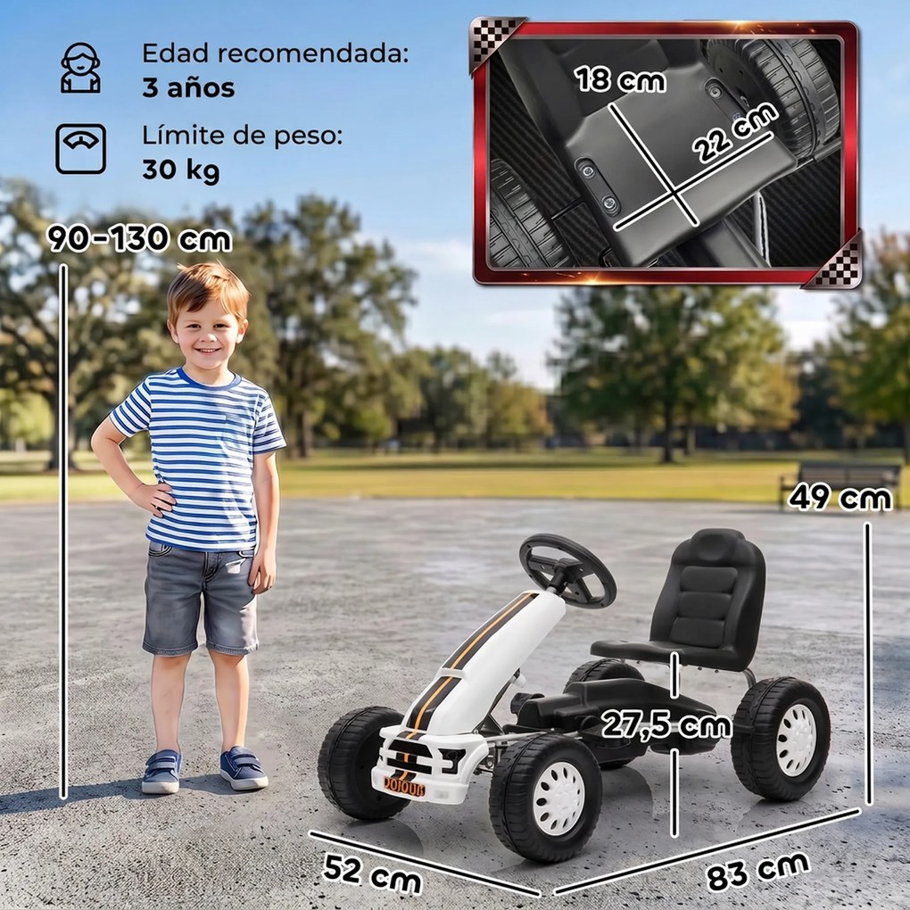 AIYAPLAY Go-Kart pro děti od 3 let s nastavitelným sedadlem, volantem, ruční brzdou, hliníkovým a ocelovým rámem, nosnost 30 kg, bílý