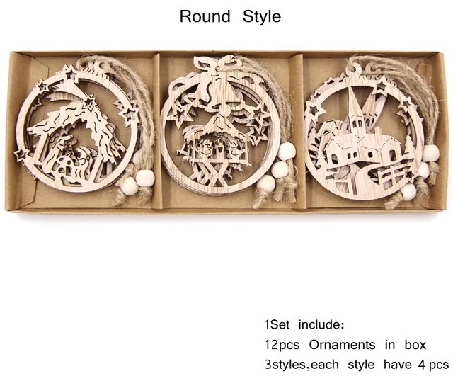 Vánoční dekorace - vánoční ozdobička ze dřeva (12 ks v balení) 1-13 Barva: Box-Round Style