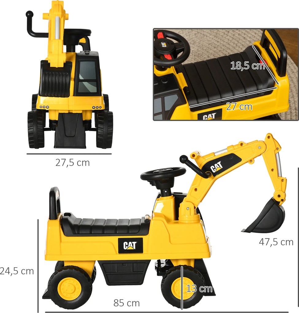 HOMCOM sedací bagr s lopatou a klaksonem, pro děti od 12 měsíců, žlutý+černý, 85x27.5x47.5cm| Aosom