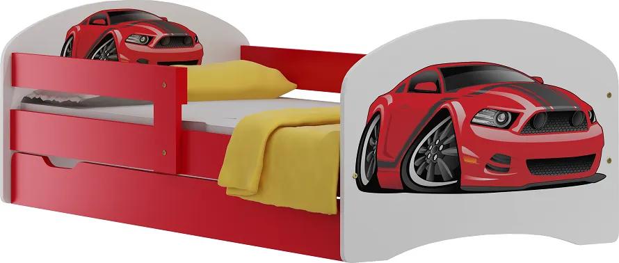 Dětská postel s motivem RED CAR  se zábranou Rozměr: 160x80, Matrace: bez matrace, Barevná kombinace: DUB CANYON / BÍLÁ