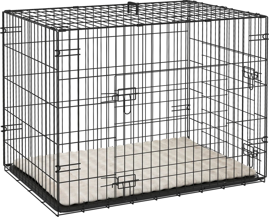 PawHut Klec pro psy, skládací přepravní klec se 2 dveřmi, odnímatelný tác, pratelné měkké polstrování, ocelový rám, 76 x 53 x 60 cm, černá