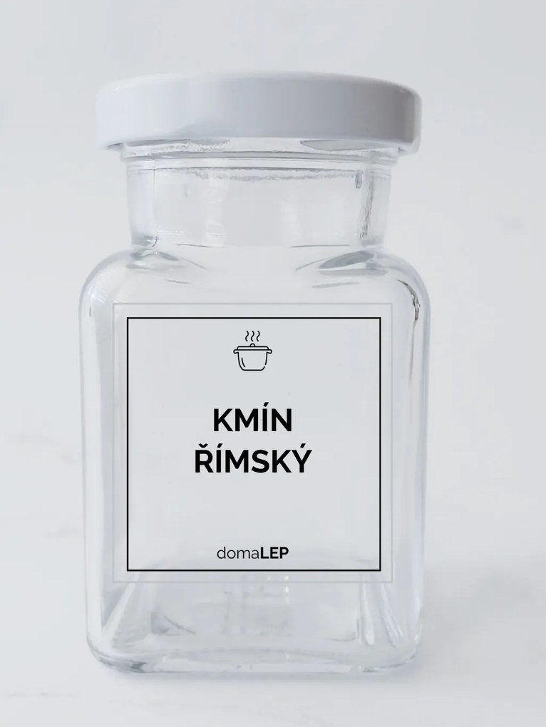 Samolepka na kořenky KMÍN ŘÍMSKÝ průhledná 5 × 5 cm tučné písmo