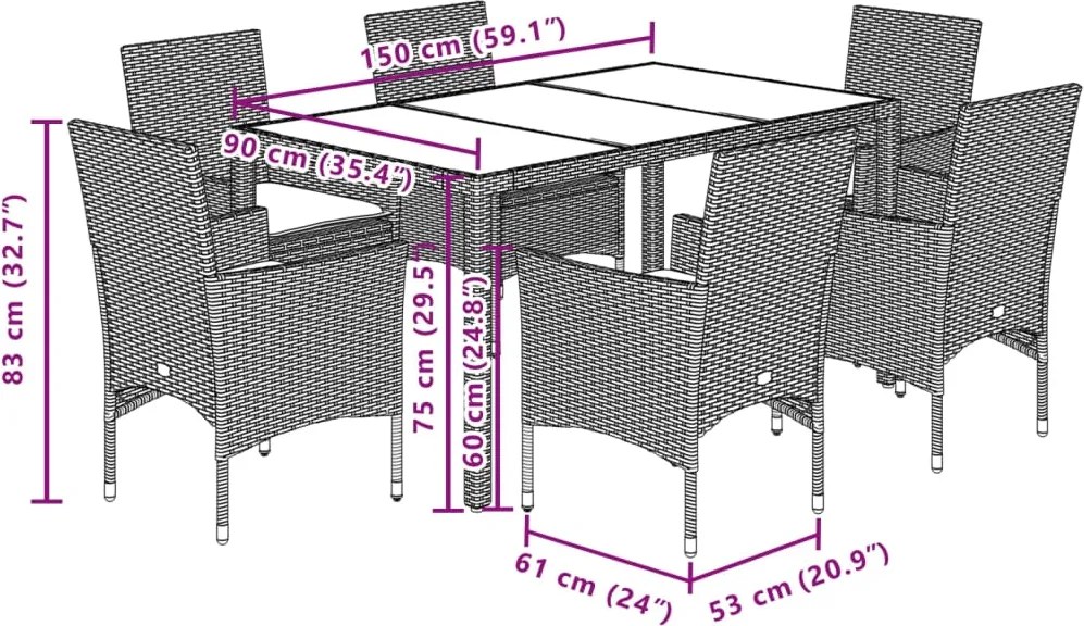 7dílný zahradní jídelní set s poduškami šedý polyratan a sklo 3278558