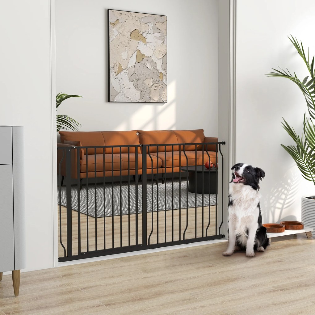 Bezpečnostní branka pro psy PawHut, 75-145 cm, nastavitelná, otevírání do dvou směrů, dvojité zamykání, montáž bez vrtání, ABS, ocel, černá| Aosom