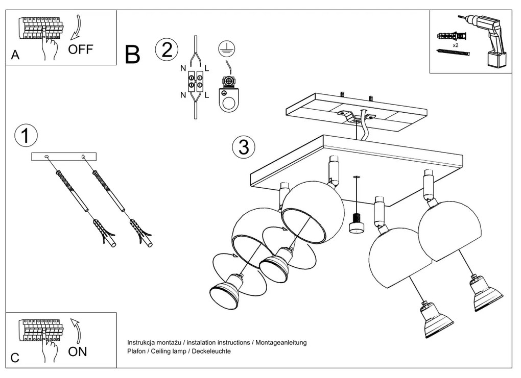 Stropní svítidlo Oculare, 4x bílé kovové stínítko, (možnost polohování)