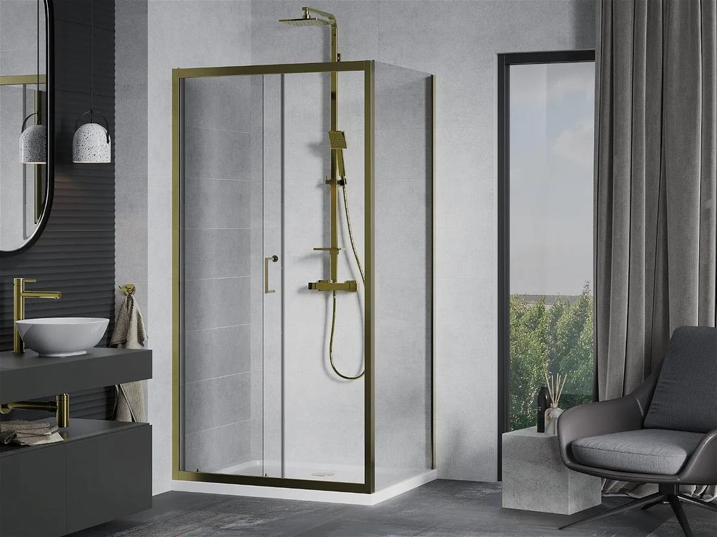 Mexen Apia sprchový kout s posuvnými dveřmi 130 (dveře) x 70 (stěna) cm, 5mm čiré sklo, zlatý profil + bílá sprchová vanička SLIM, 840-130-070-50-00-4010G