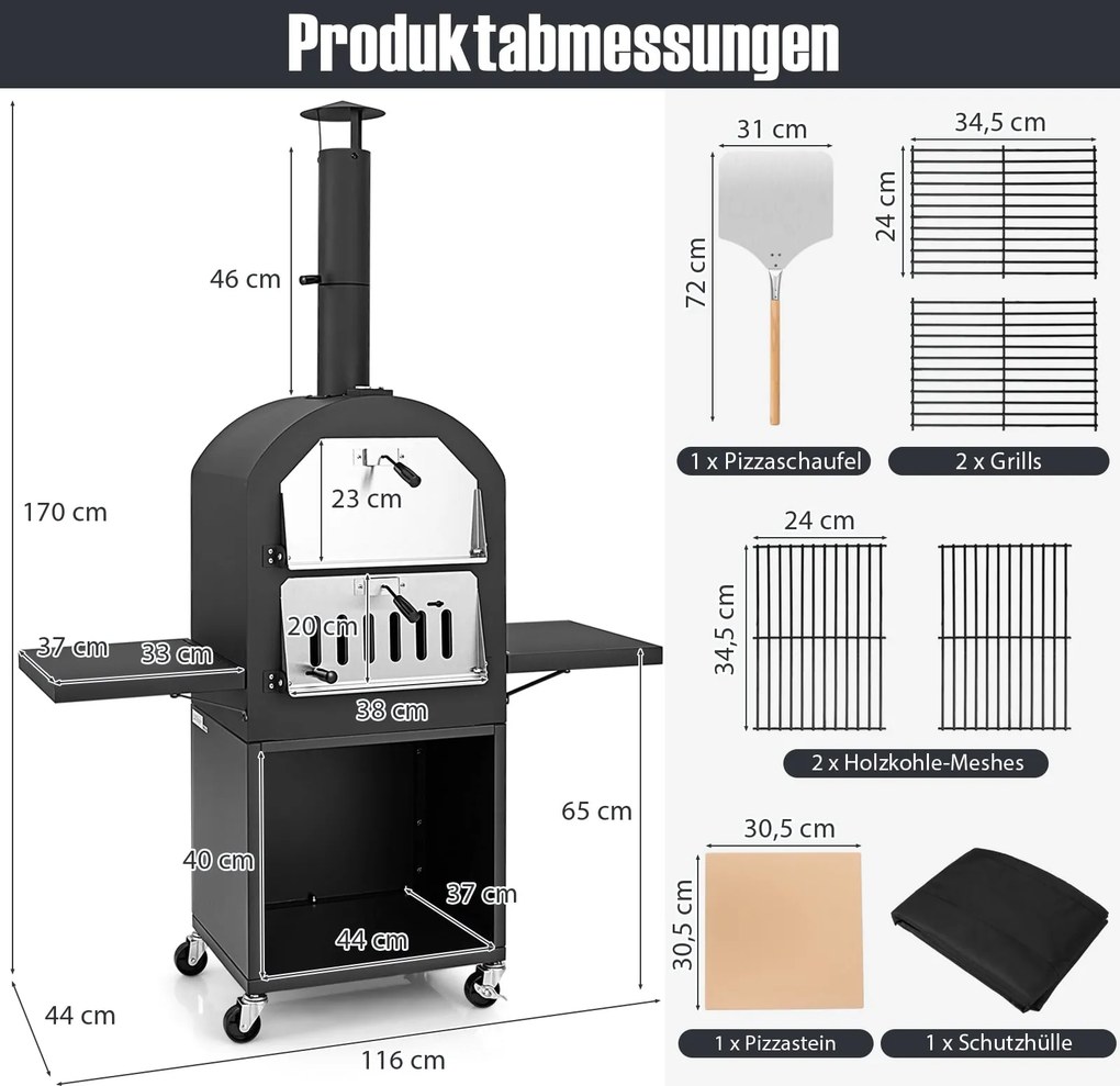 Costway Venkovní pizza pec na dřevo s ochranným krytem 305 cm pizza kámen