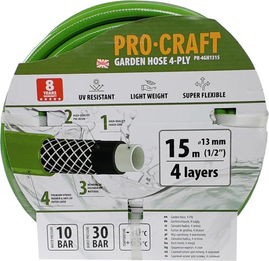 Procraft PR-4GH1315- zelená zahradní hadice, 4 vrstvy, 1/2", 15m