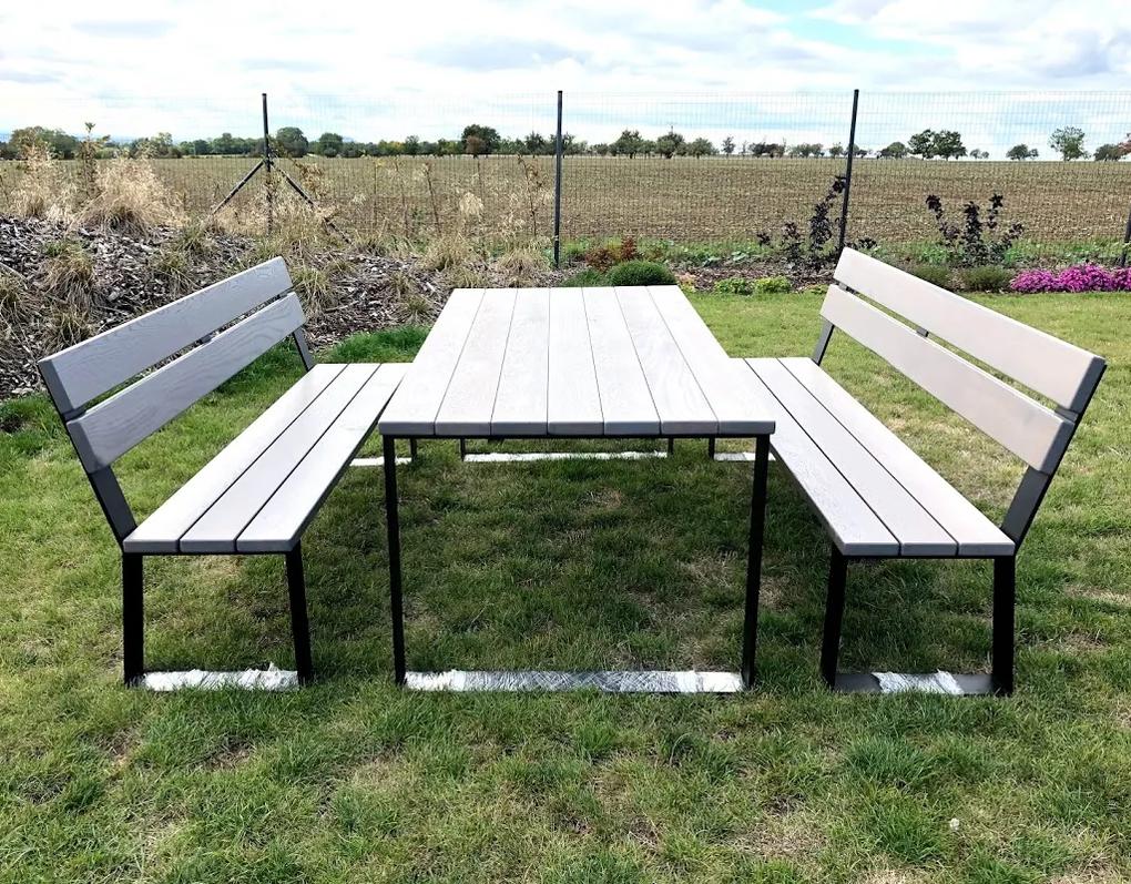 KULHÁNEK Zahradní sestava s nohami z ploché oceli - stůl, 2x lavice s opěradlem Délka: 150 cm, Odstín nátěru: lazura - dub, Odstín podnože: bílá - RAL 9010