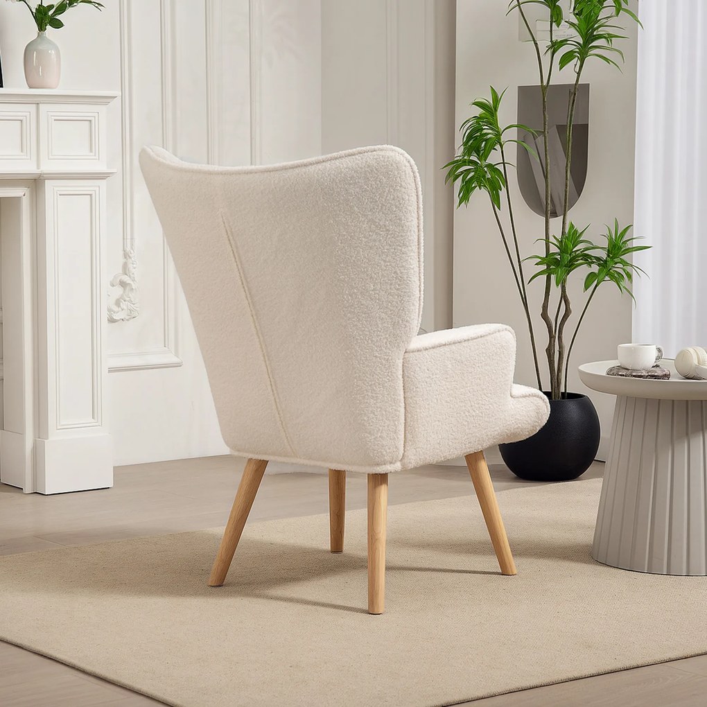 HOMCOM Boucle Fabric Lounge Chair, Moderní Čalouněné Křeslo s Dřevěnými Nohami, Ergonomický Křídlatý Design s Knoflíkovým Prošíváním, pro Jídelnu, Ob…