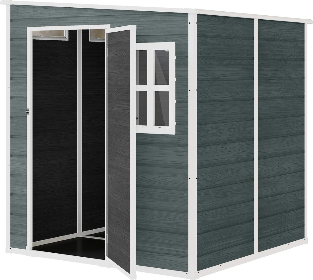 Outsunny zahradní kůlna 183 × 183 cm, patinovaná šedá, s podlahou, panely ve vzhledu dřeva, zamykatelnými dveřmi a okny | Aosom