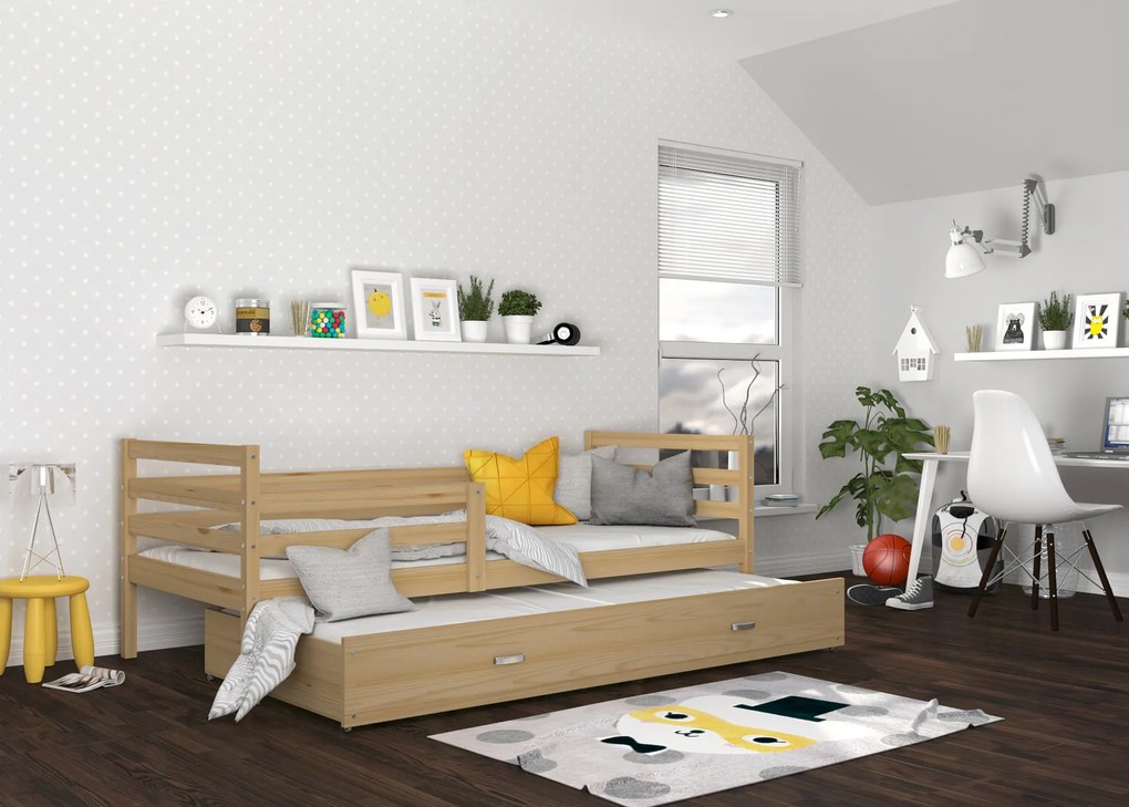 Svět pokojů Dětská postel Arek 190x80 cm s přistýlkou rám BOROVICE Matrace: Ne, Barva konstrukce: borovice, Barva dílů: zelená