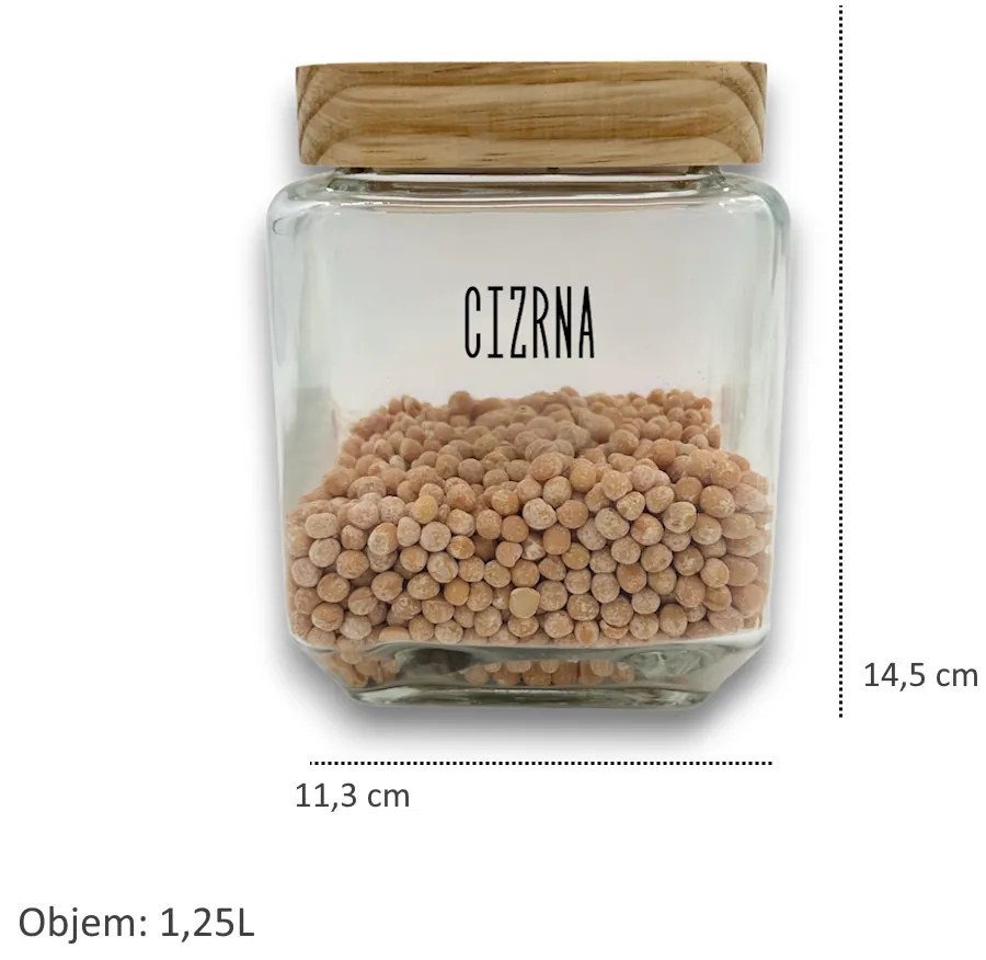 5Five® Skleněná bytelná dóza hranatá s dřevěným víkem, 1,25l KWADR