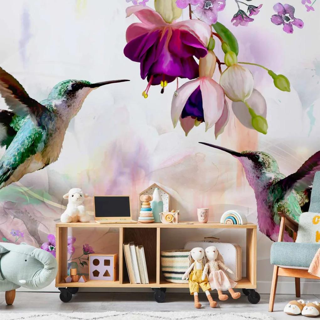 Fototapeta Kolibři - ptáci na pozadí barevných květů v odstínech fialové a růžové