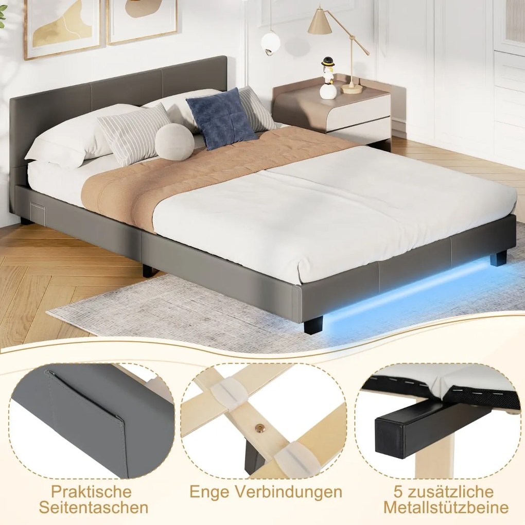 Costway Postel s LED osvětlením čalouněná s lamelovým roštem rám