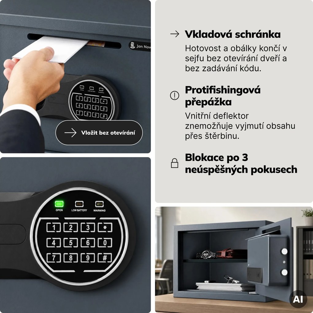 Malý vhazovací trezor na kód, elektronický, na tržbu a obálky, 350x250x250 mm: PIERCE